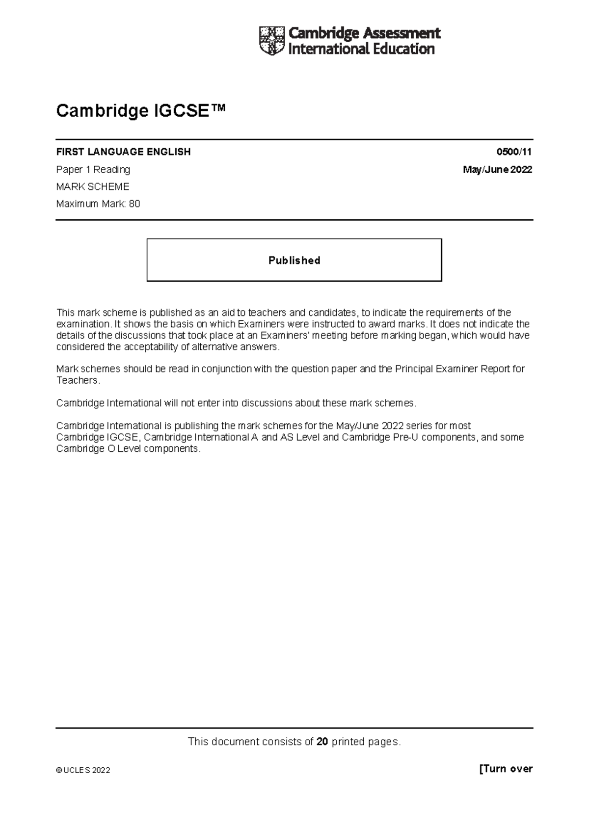 0500 s22 Paper 1 Reading - Mark Scheme Analysis and Guidelines - Studocu