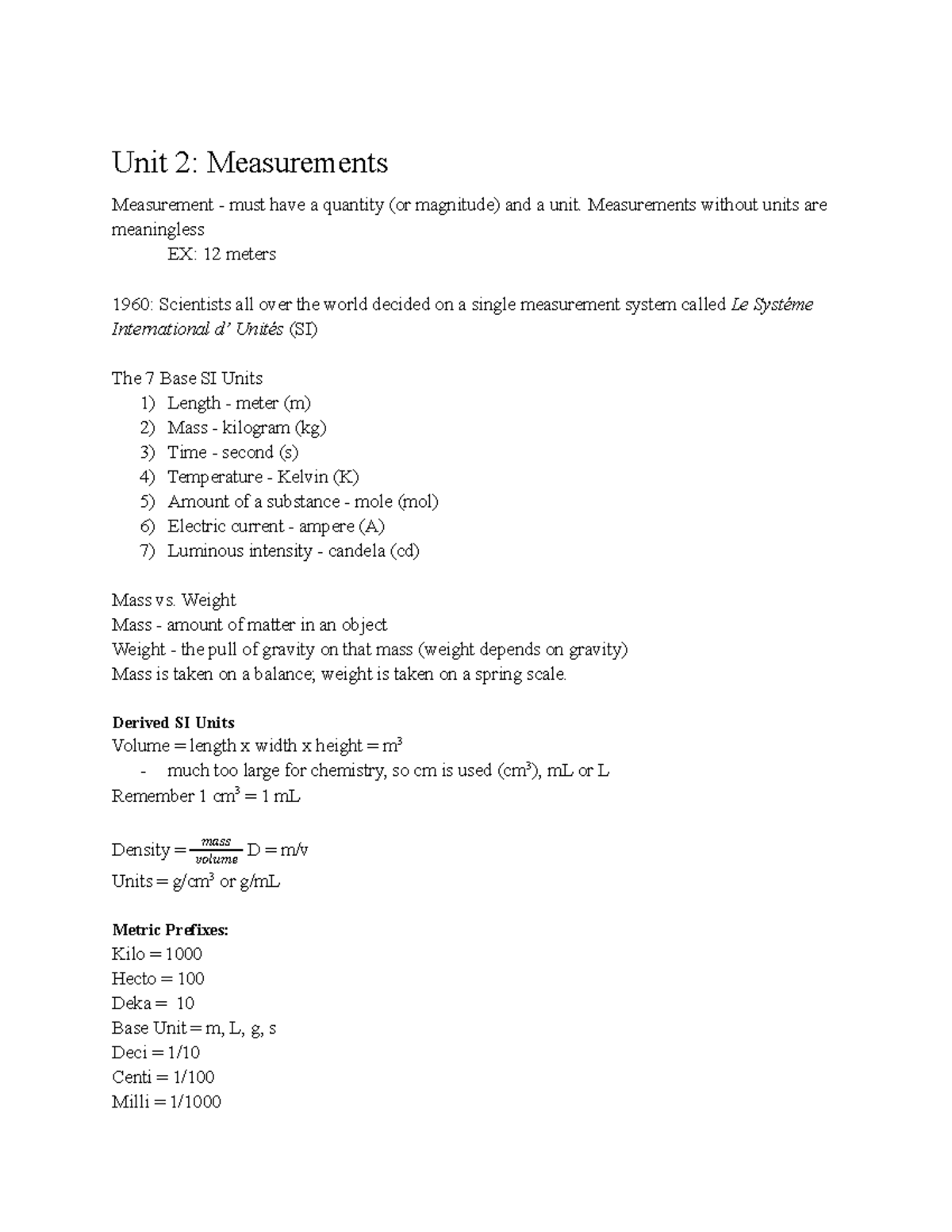 Chemistry Unit 2: Measurements, Accuracy & Significant Figures - Studocu