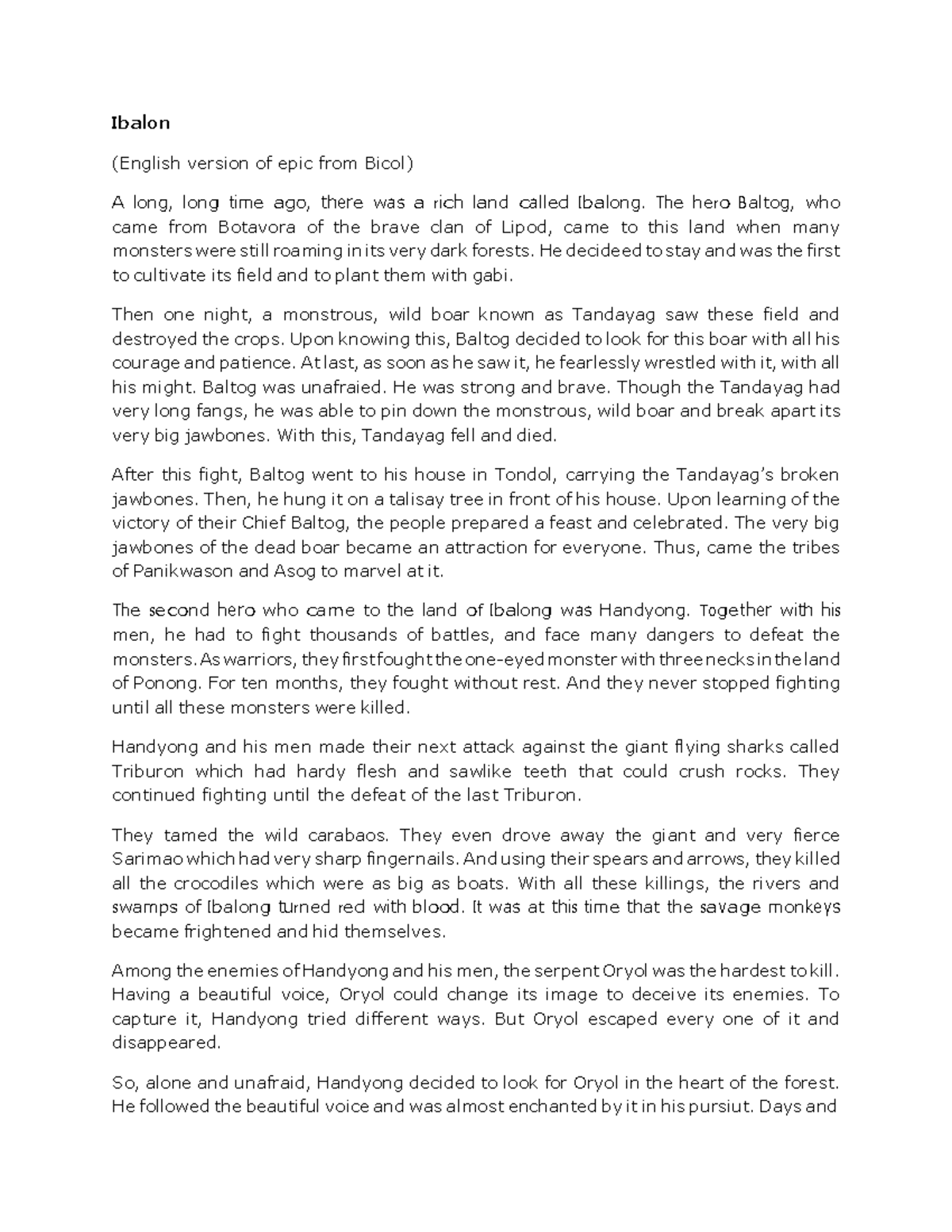 Ibalong Summary - Ibalon (English version of epic from Bicol) A long ...