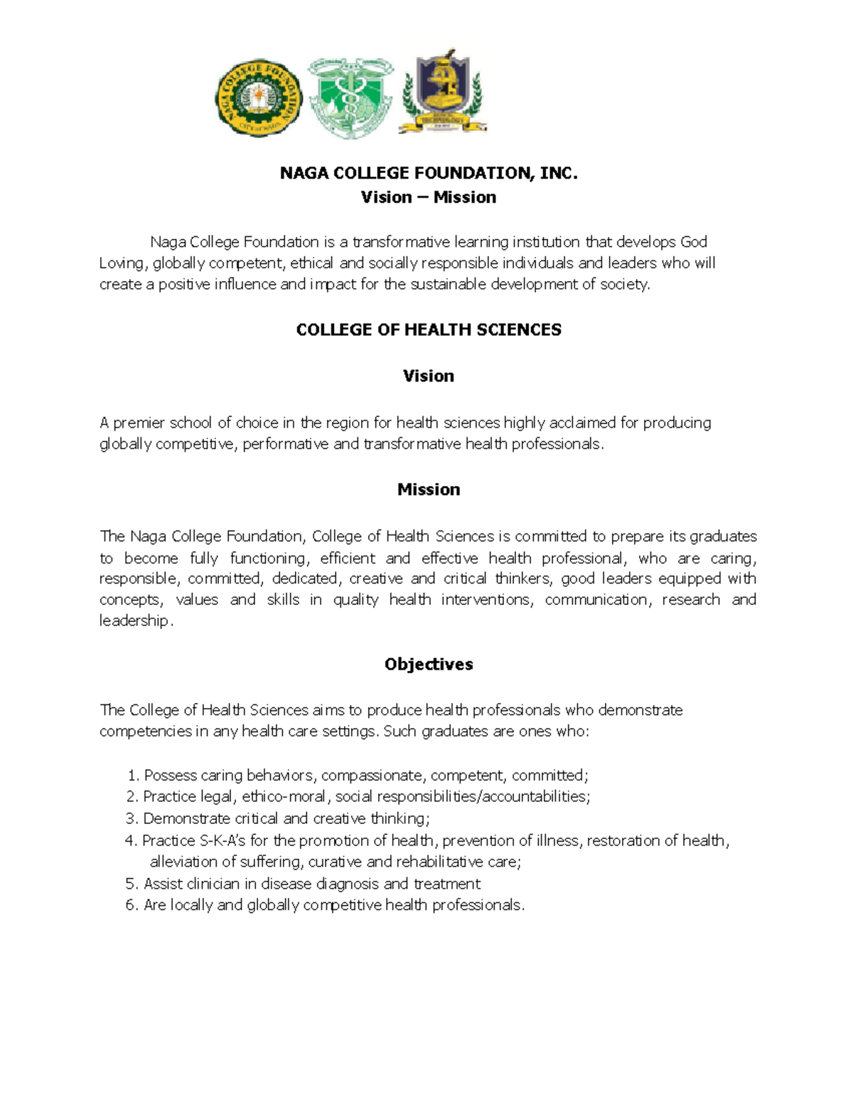 CHS-Vision & Mission Overview - Naga College Foundation Insights - Studocu