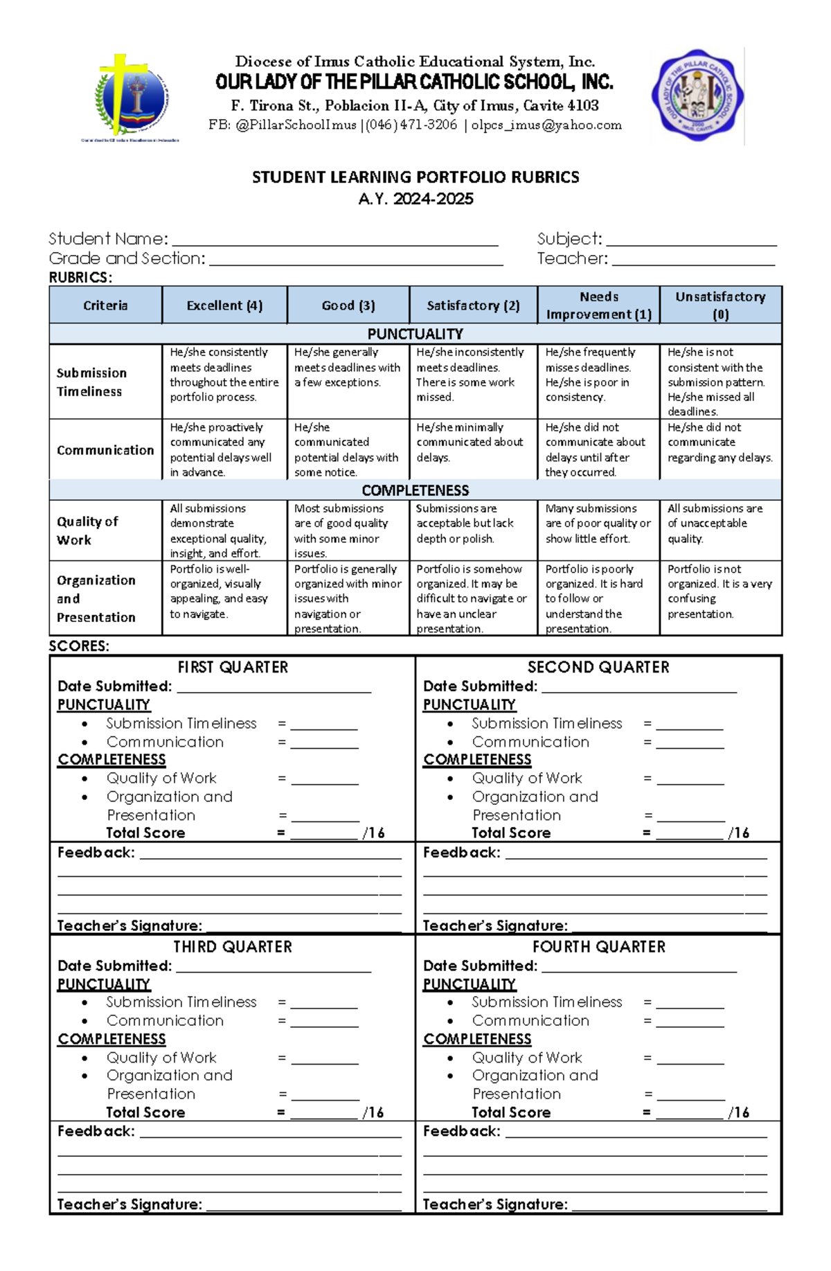 Student Learning Portfolio Rubrics - STUDENT LEARNING PORTFOLIO RUBRICS ...