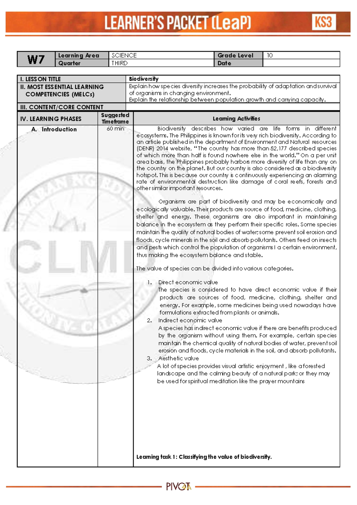 G10 SCIENCE Q3 W7 Lesson on Biodiversity and Population Dynamics - Studocu