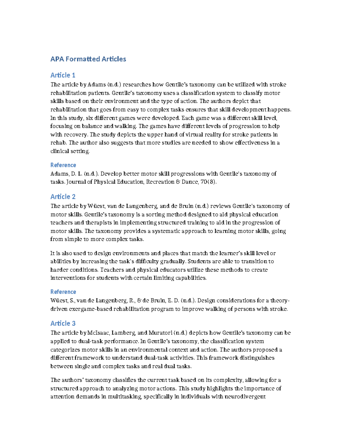 APA Formatted Articles on Taxonomy in Motor Skill Rehabilitation - Studocu