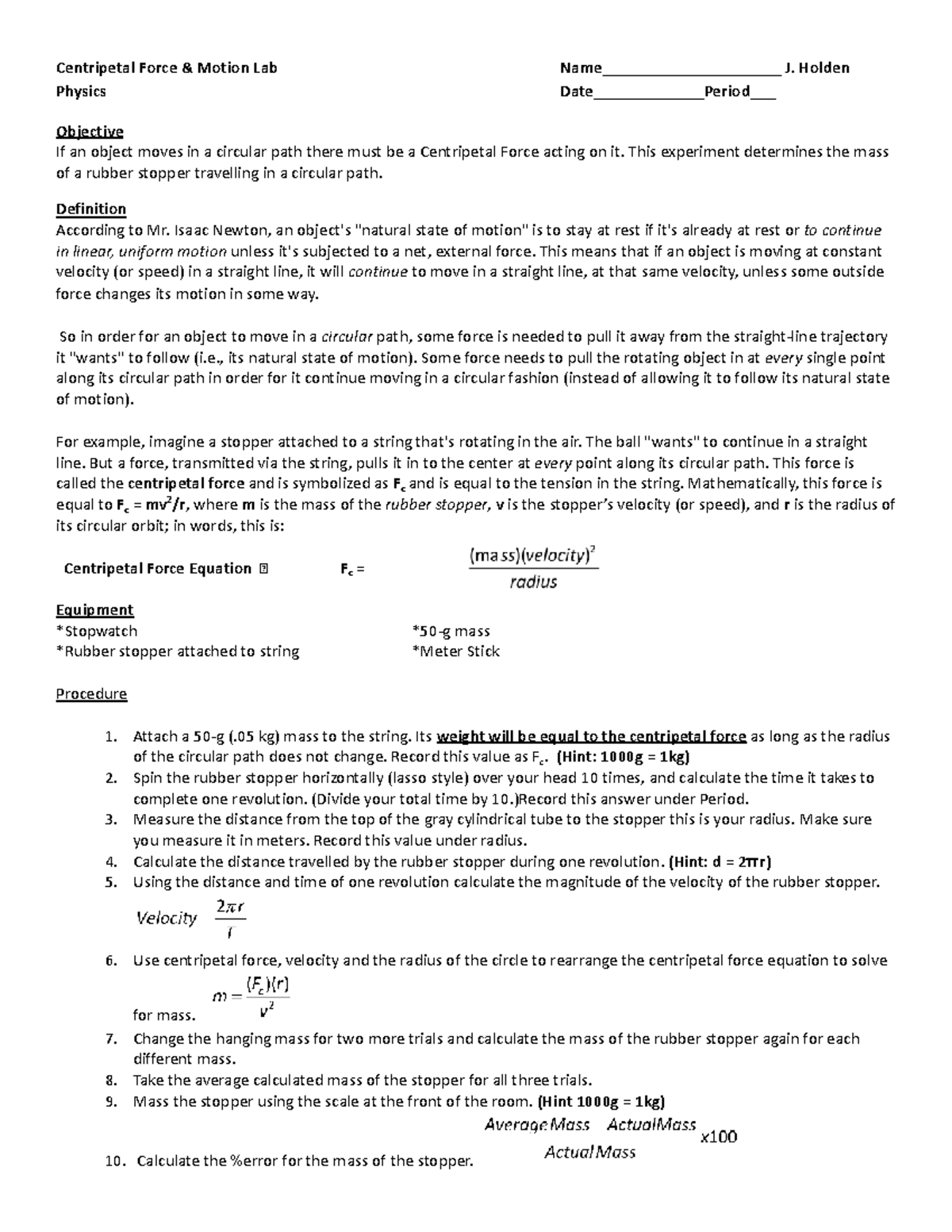 Centripetal Force Lab (PHYS 101) - Experiment on Circular Motion - Studocu