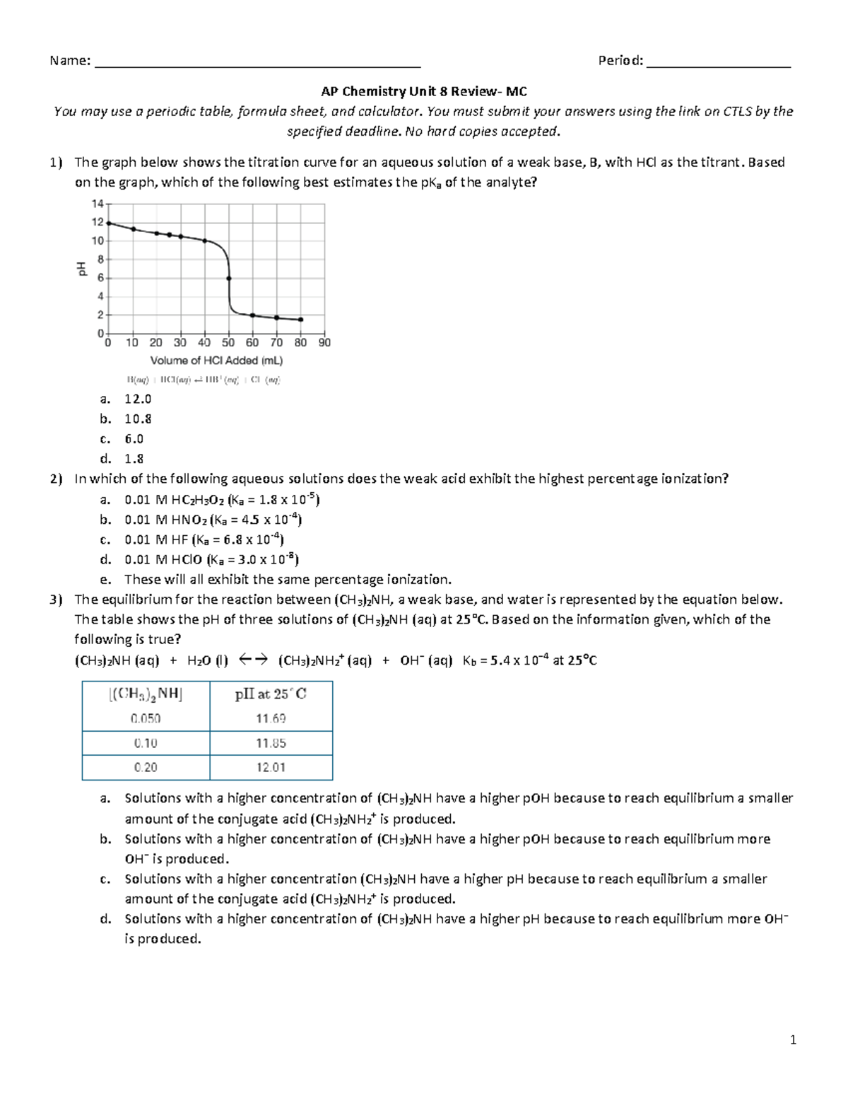 AP Chemistry Unit 8 MC Test Review - Answers and Key Concepts - Studocu