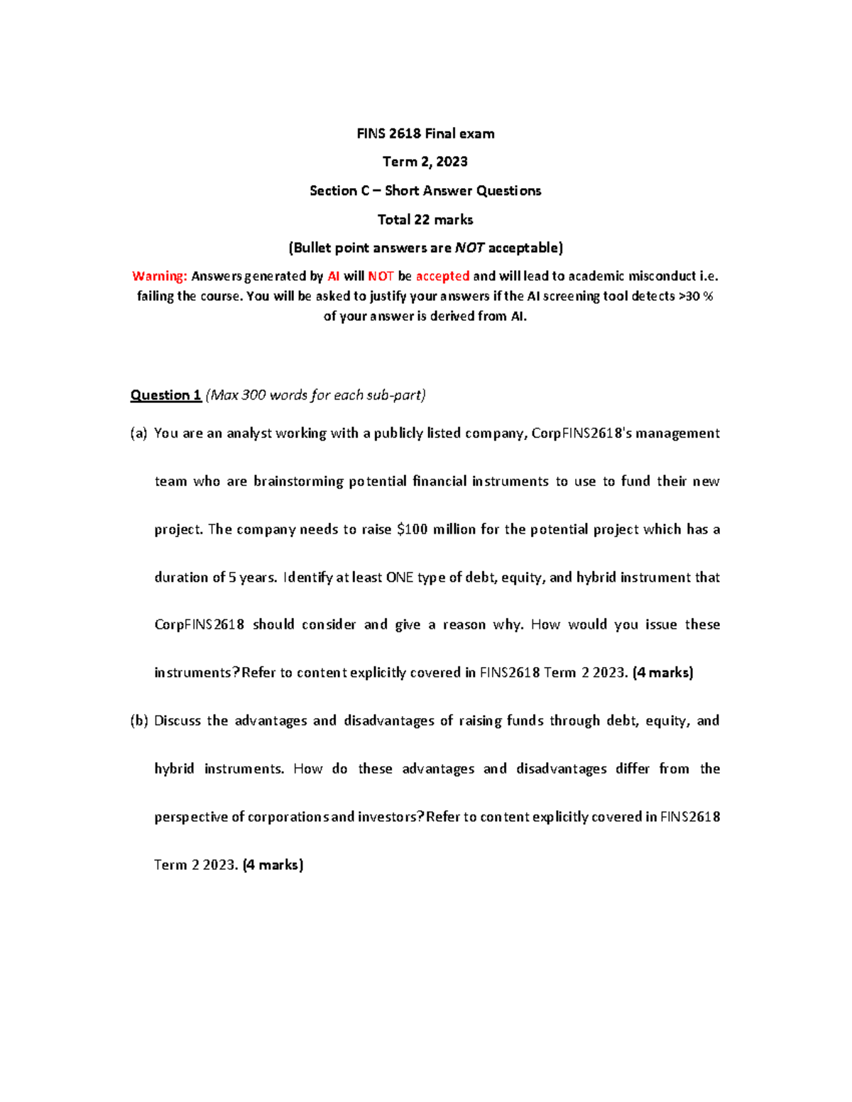 FINS2618 T2 2023 Final Exam - Section C Short Answer Questions - Studocu