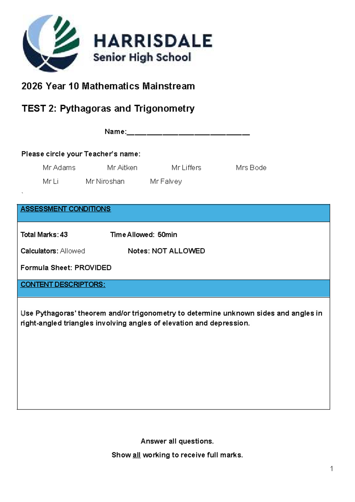 2026 Year 10 Mathematics Test 2: Pythagoras & Trigonometry - Studocu