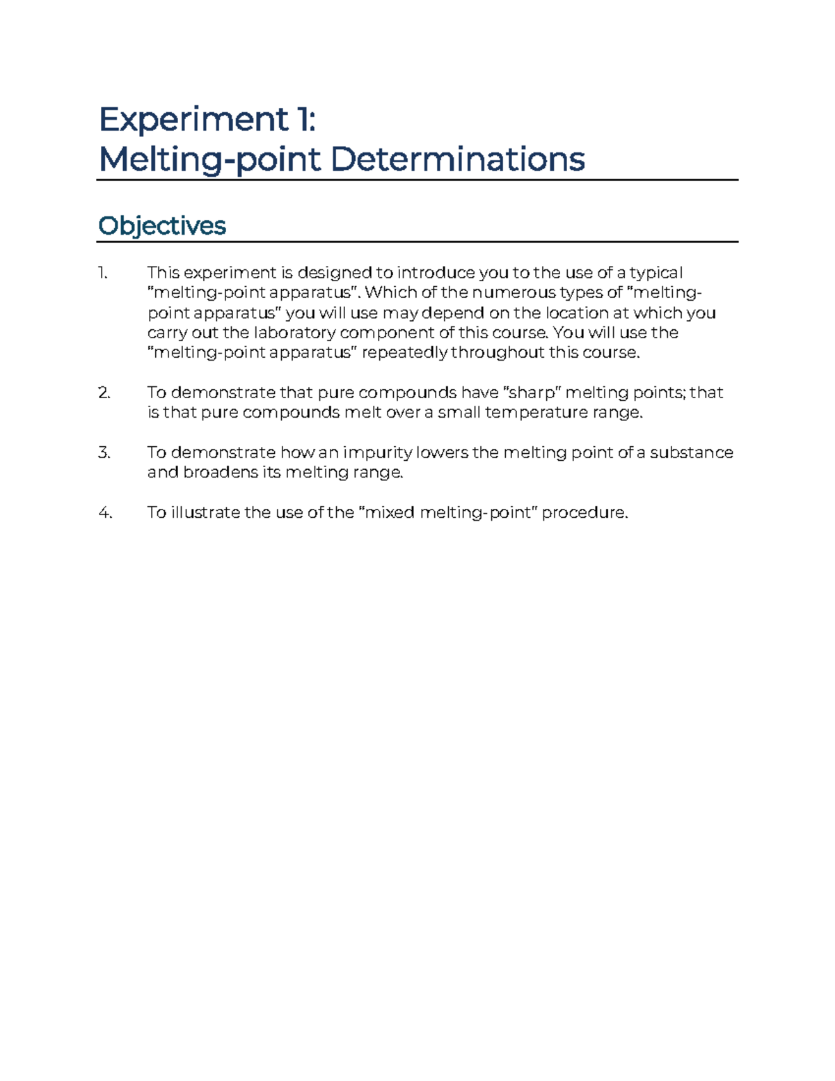 Lab Report: Experiment 1 - Determining Melting Points and Purity - Studocu