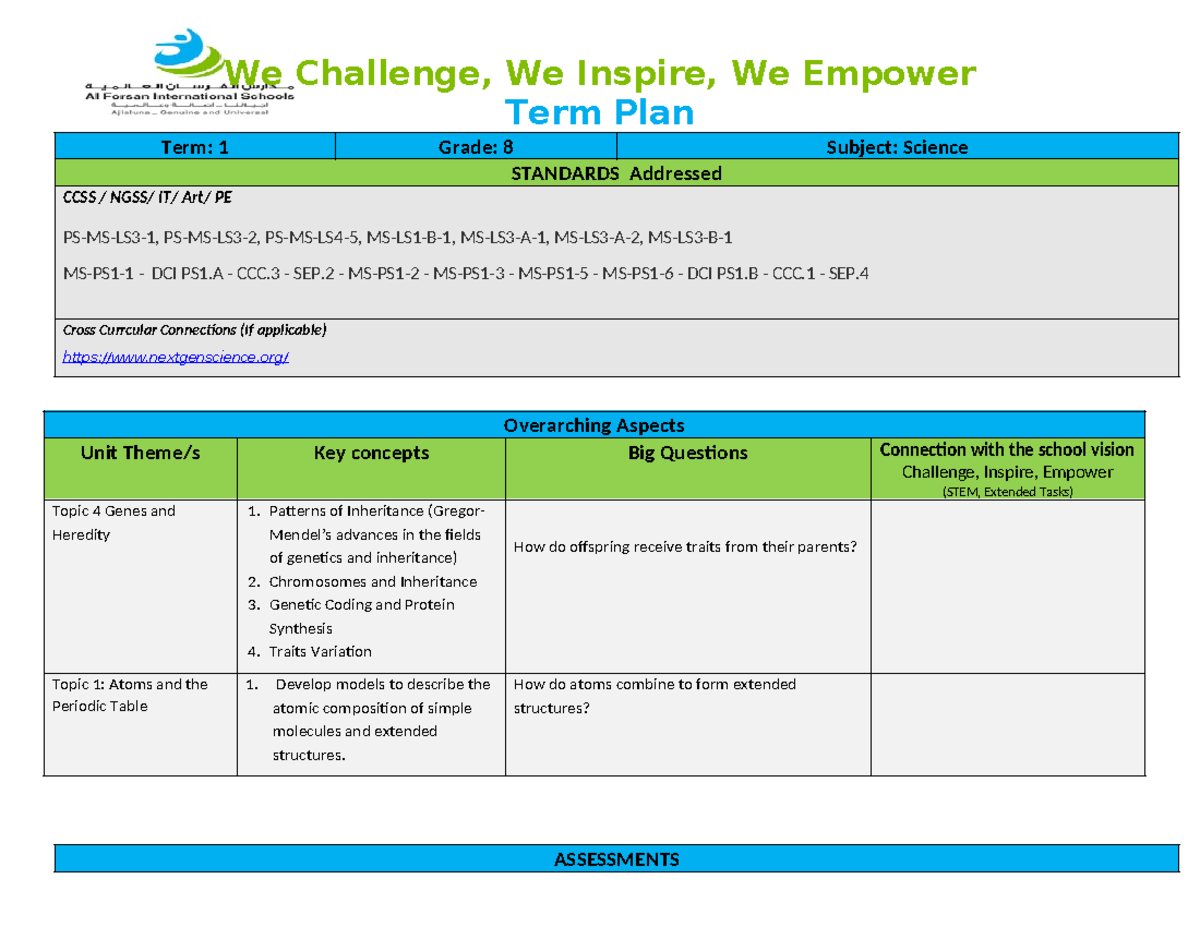 Grade 8 Science Term 1 Plan: Genes, Inheritance & Atoms - Studocu