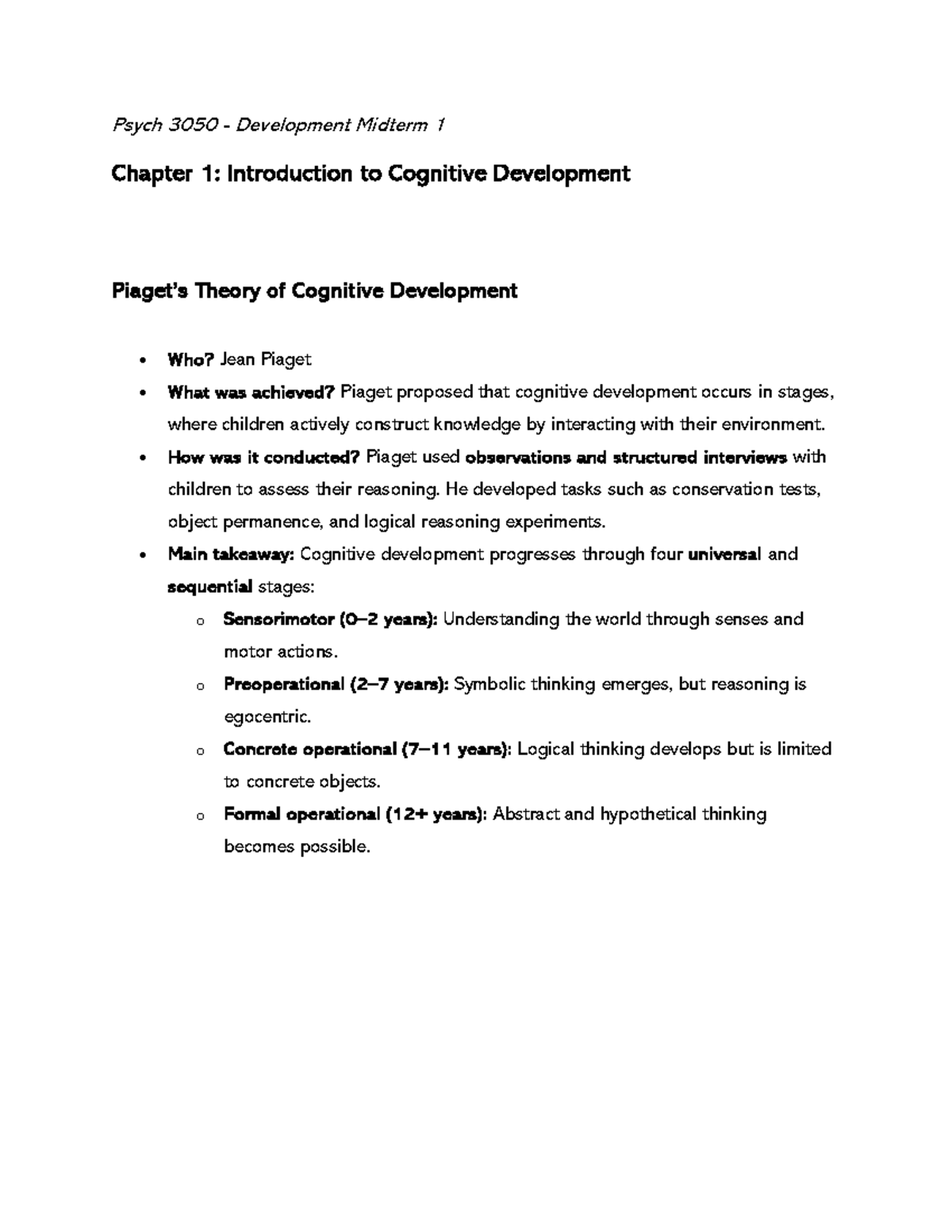 Development Midterm 1 - Exam 1 Notes - Psych 3050 - Development Midterm ...