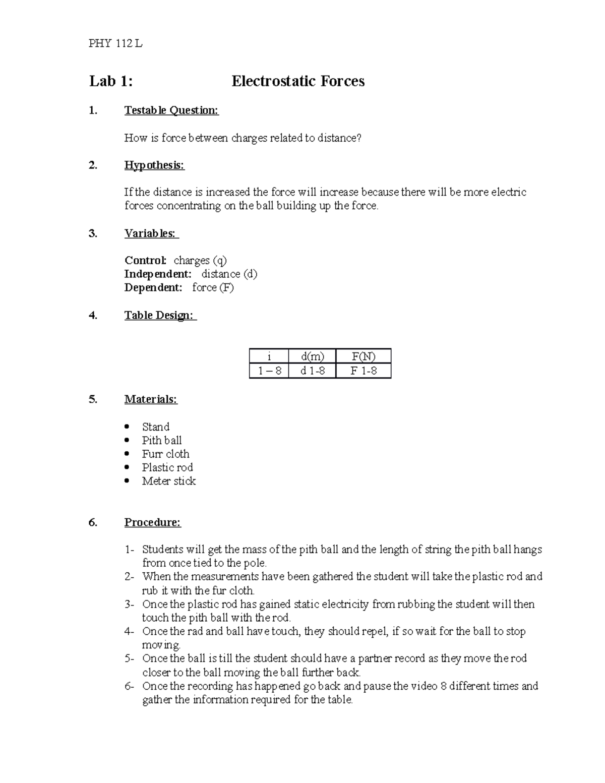 Electrostatic forces lab 1 - Lab 1: Electrostatic Forces 1. Testable ...