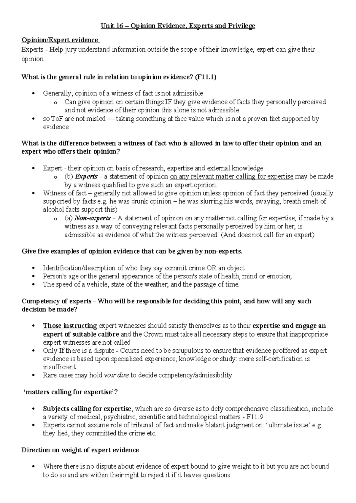 Unit 16: Understanding Opinion Evidence and Expert Testimony (F11.1 ...