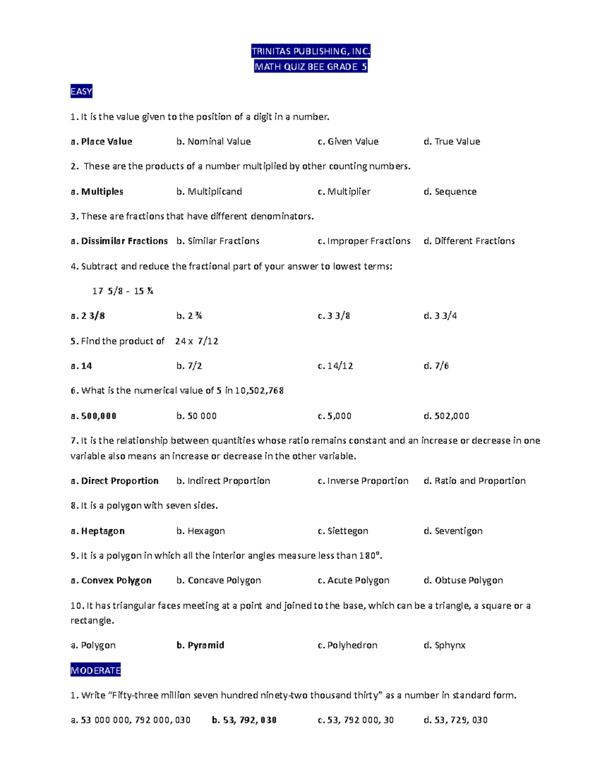 438003512 Math Quiz Bee Grade 5 - TRINITAS PUBLISHING, INC. MATH QUIZ ...