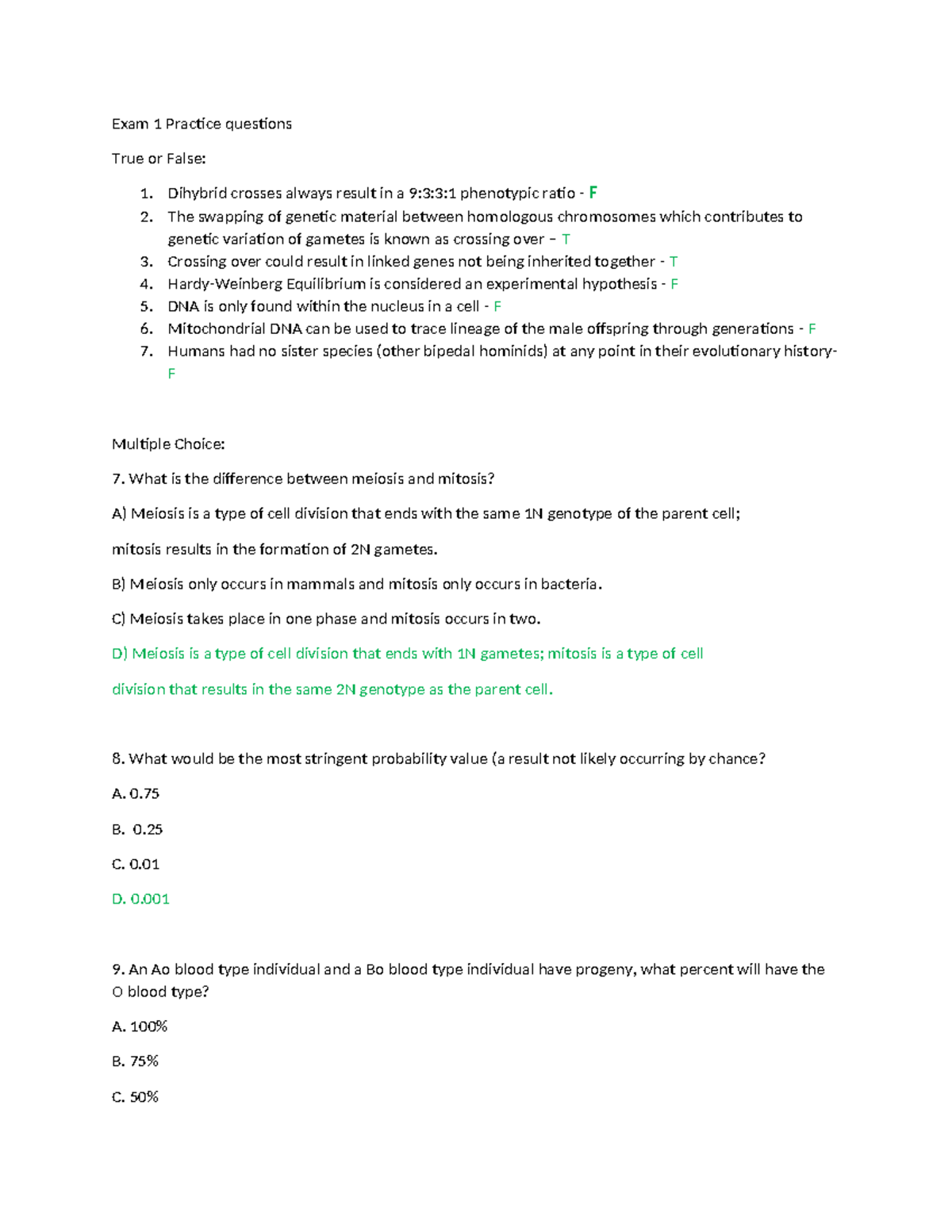 2024 BIO 102 Fall Practice Exam 1 Key and Answers - Studocu