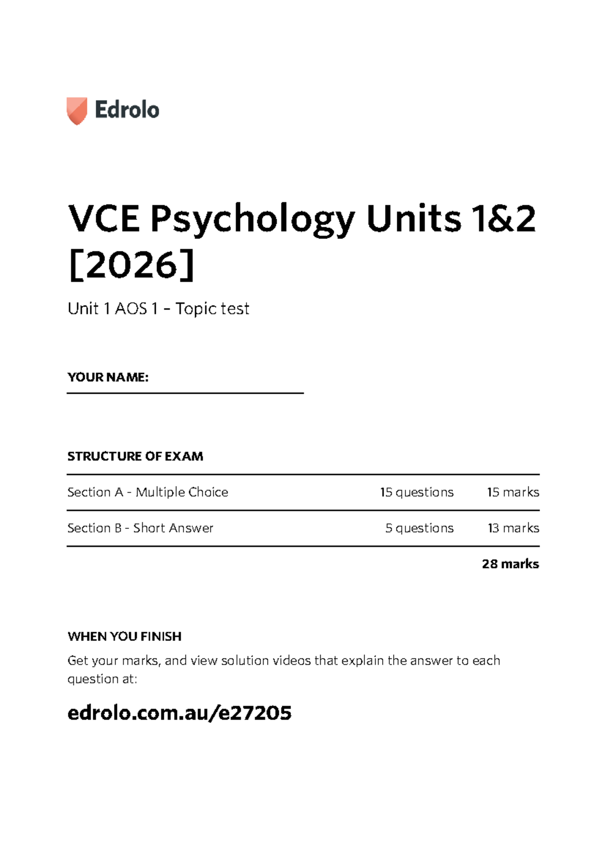 VCE Psychology Units 1&2 Topic Test - Studocu