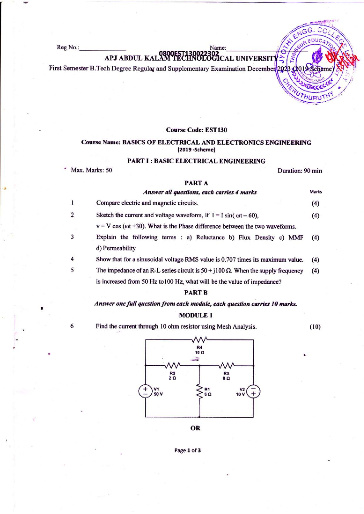 EST130 Basics of Electrical & Electronics Engineering Exam Notes - Studocu