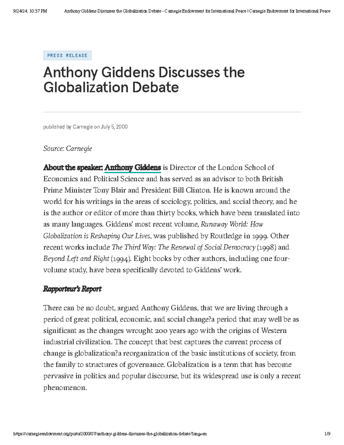 Anthony Giddens Discusses the Globalization Debate - Carnegie Endowment ...