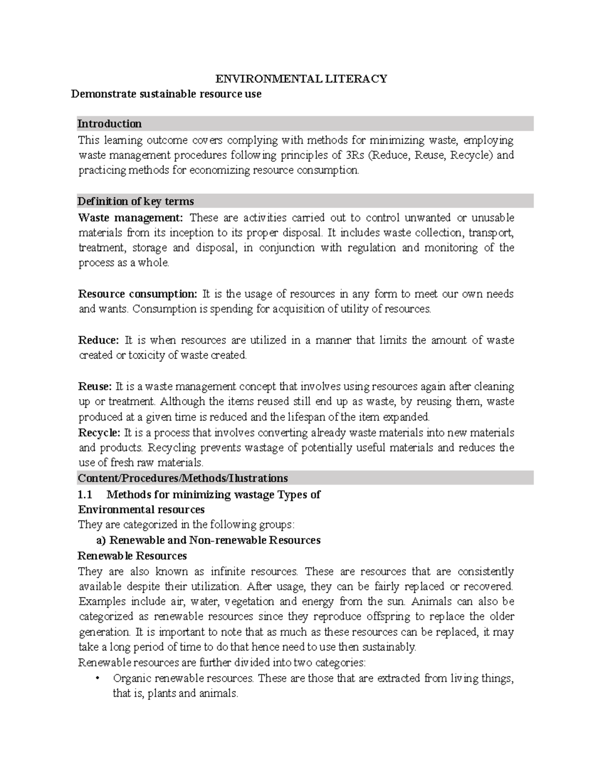 Environmental Literacy Notes: Sustainable Resource Use & Waste ...