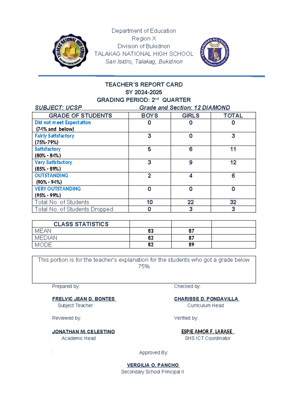 12 Diamond - UCSP 2nd Quarter Report Card Summary - Studocu
