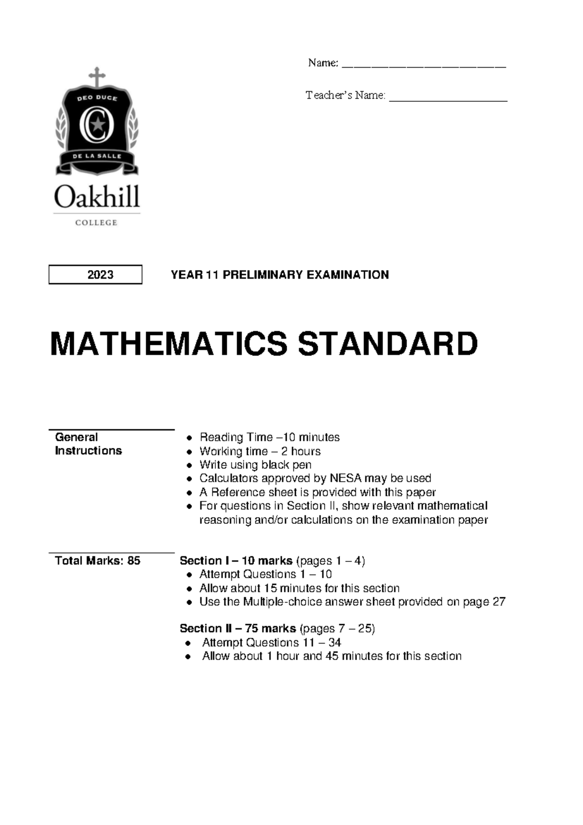 Year 11 Math Standard Prelim 2023 Exam Questions & Solutions - Studocu