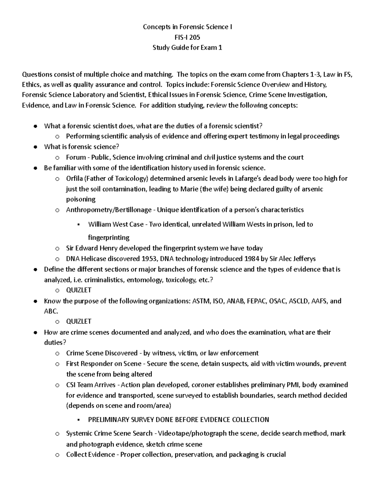 Study Guide for Exam 1 in Forensic Science (FIS-I 205) - Studocu