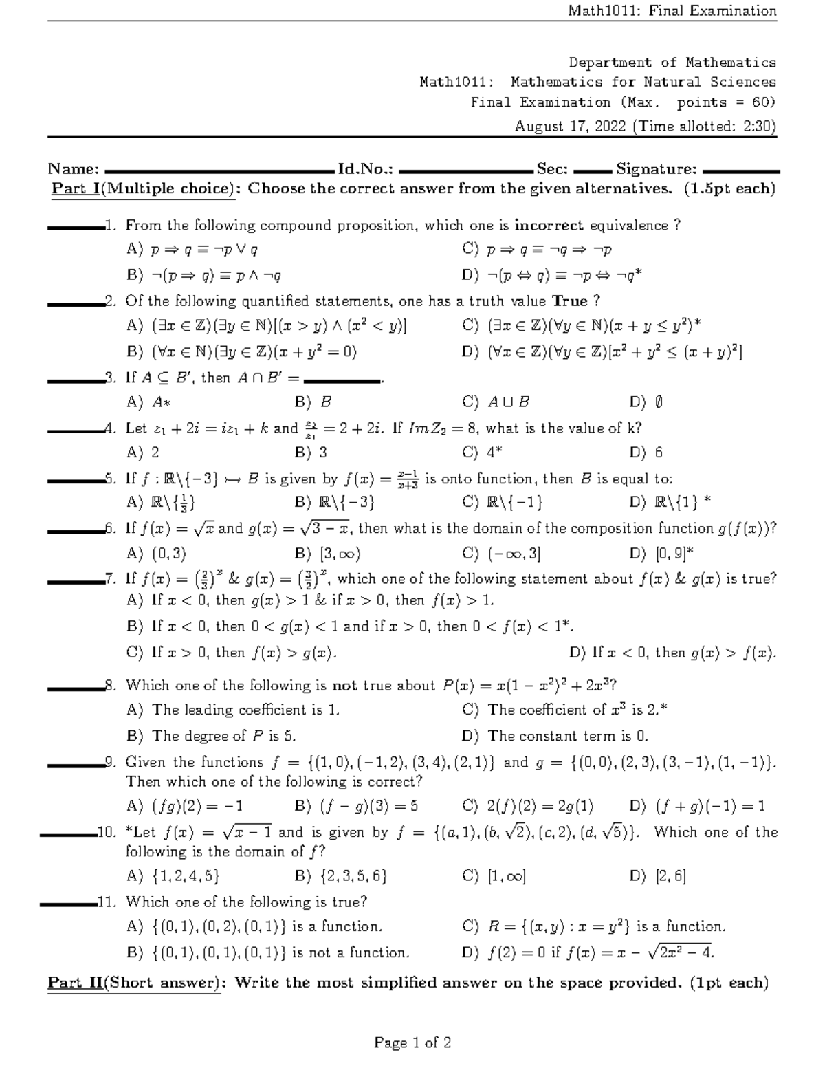 Math1011: Final Exam Review for Mathematics for Natural Sciences - Studocu