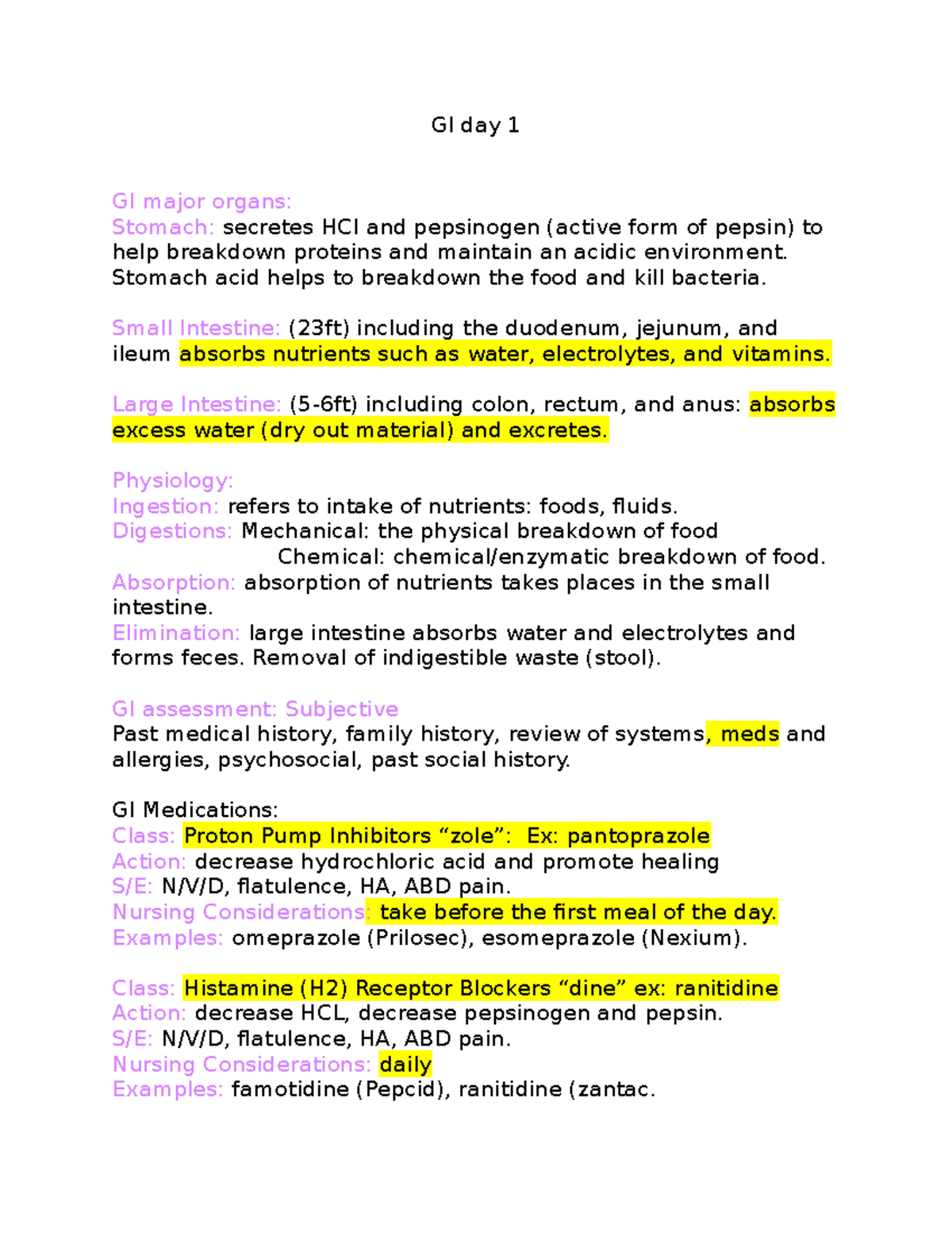 GI Day 1 Notes: Overview of Major Organs & Assessments in GI System ...
