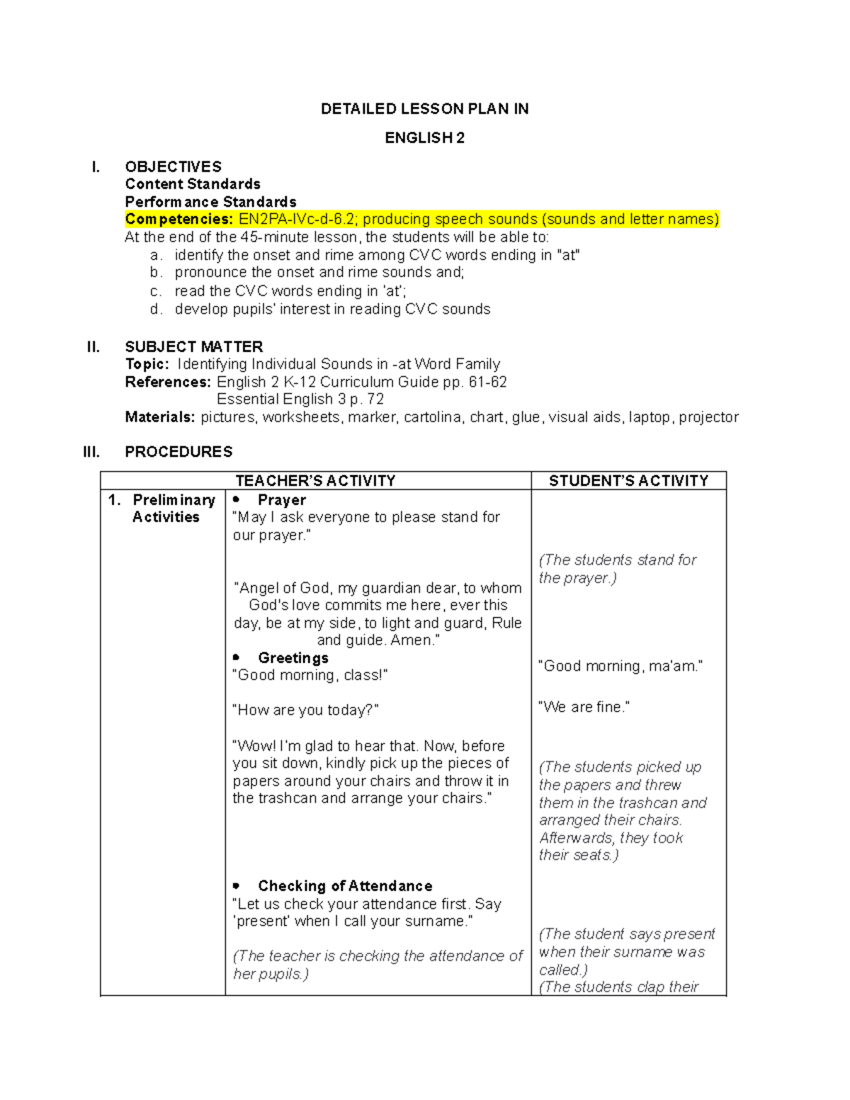 Detailed Lesson Plan for English 2: CVC -at Word Family Activities ...
