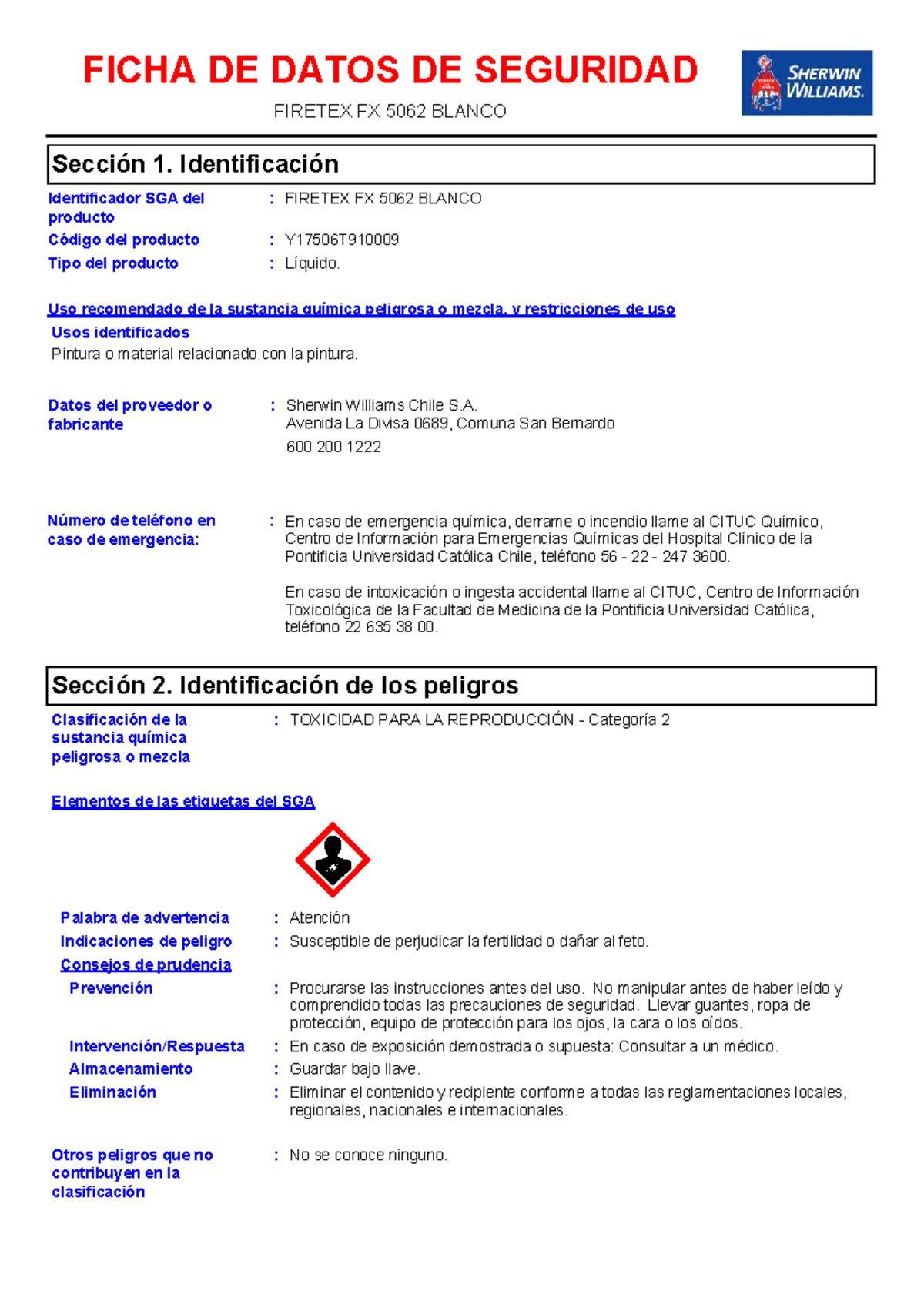 HDS FIRETEX FX 5062 BLANCO - Seguridad y Manejo (Y17506 T910009) - Studocu