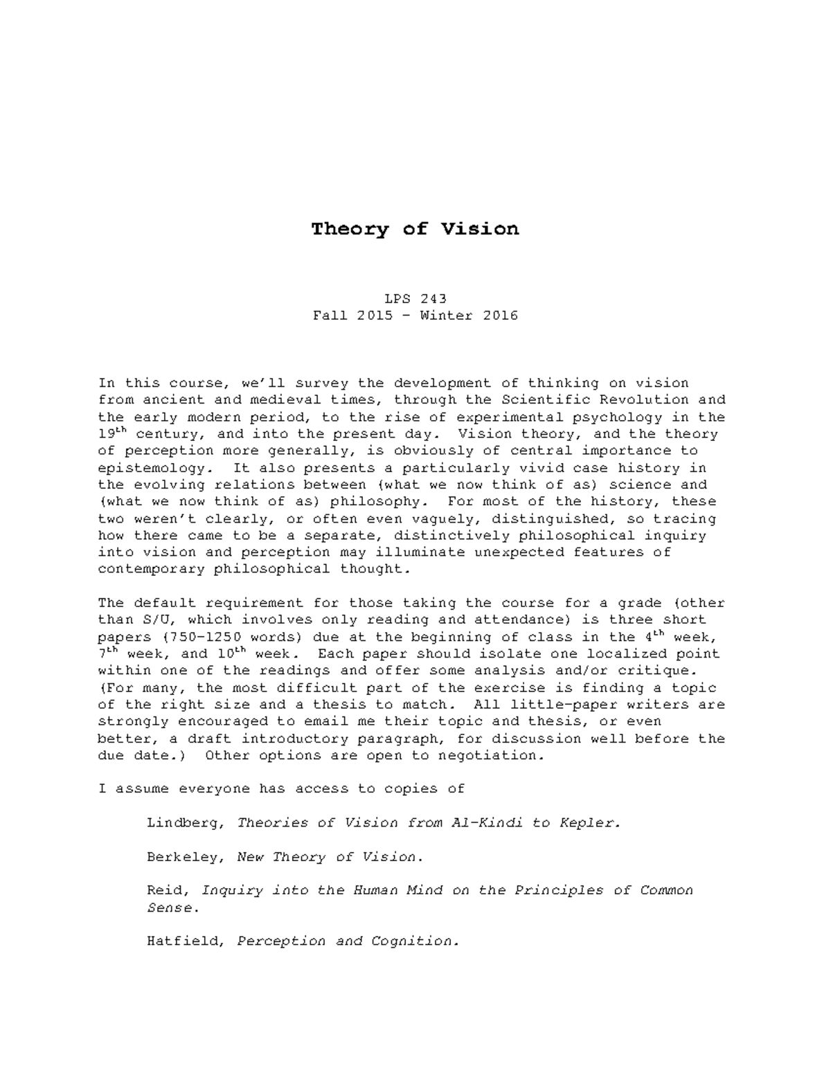 Theory of Vision LPS 243: Historical Perspectives and Key Thinkers ...