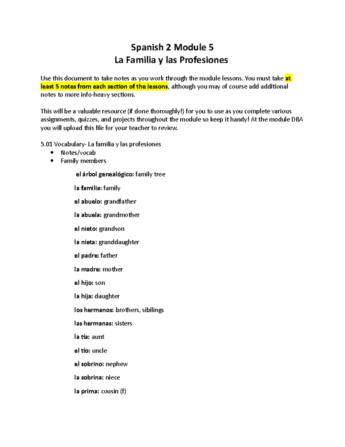 Spanish 2B Module 5 Notes: La Familia y Profesiones Overview - Studocu