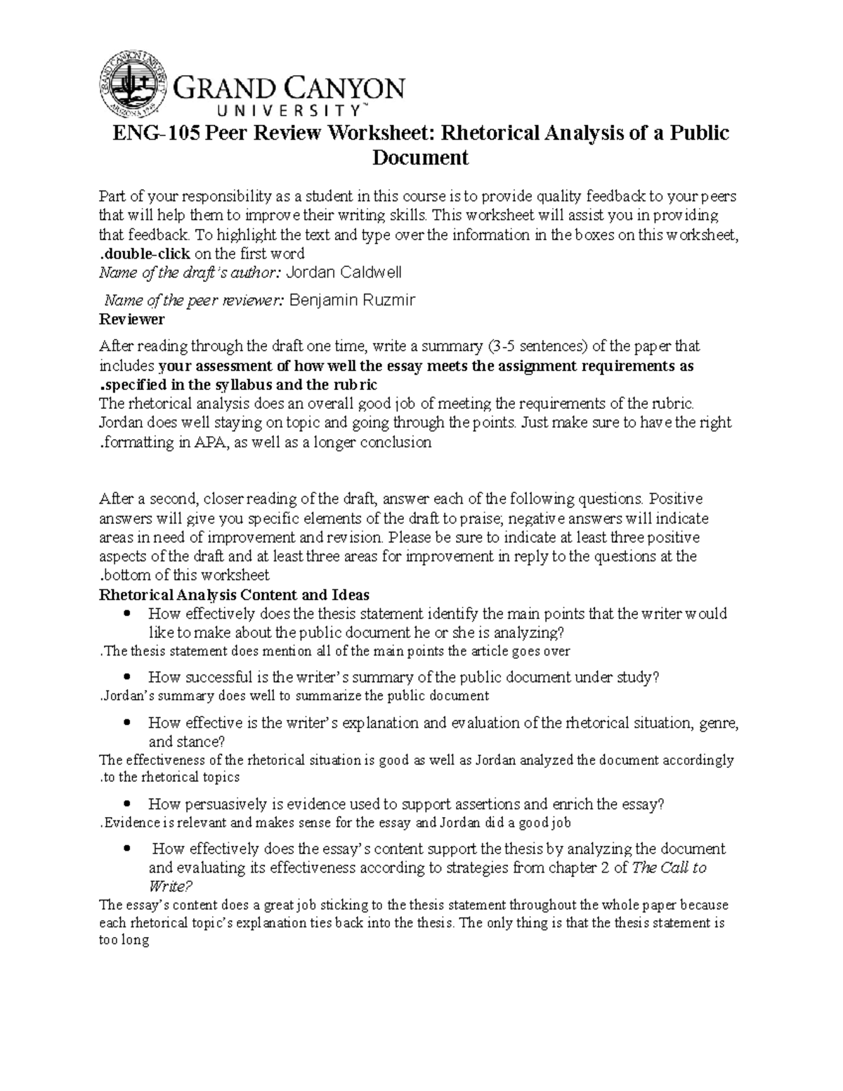 ENG105 Rhetorical Analysis Peer Review Worksheet - ENG-105 Peer Review ...
