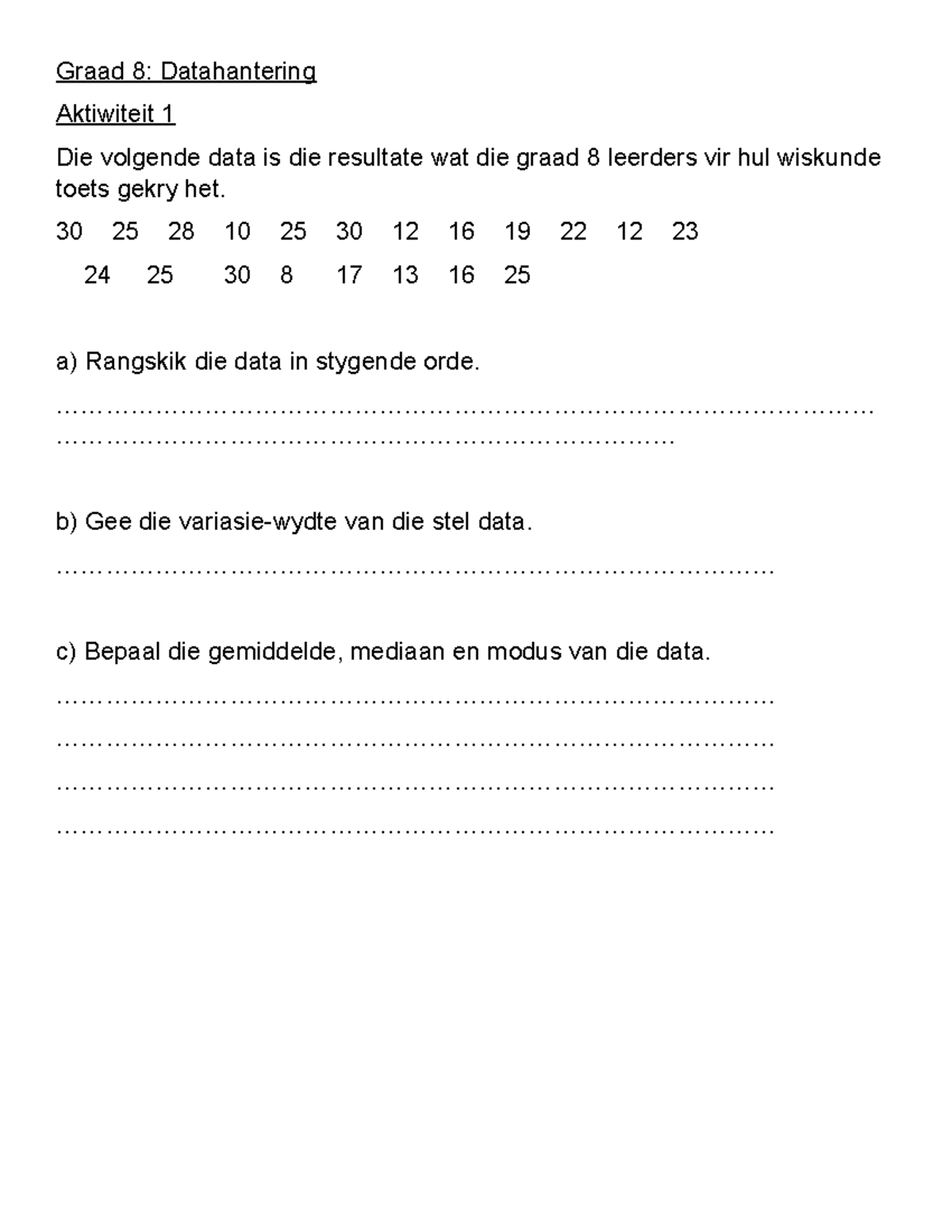 Graad 8 Wiskunde: Datahantering Lesnotas en Aktiwiteite - Studocu