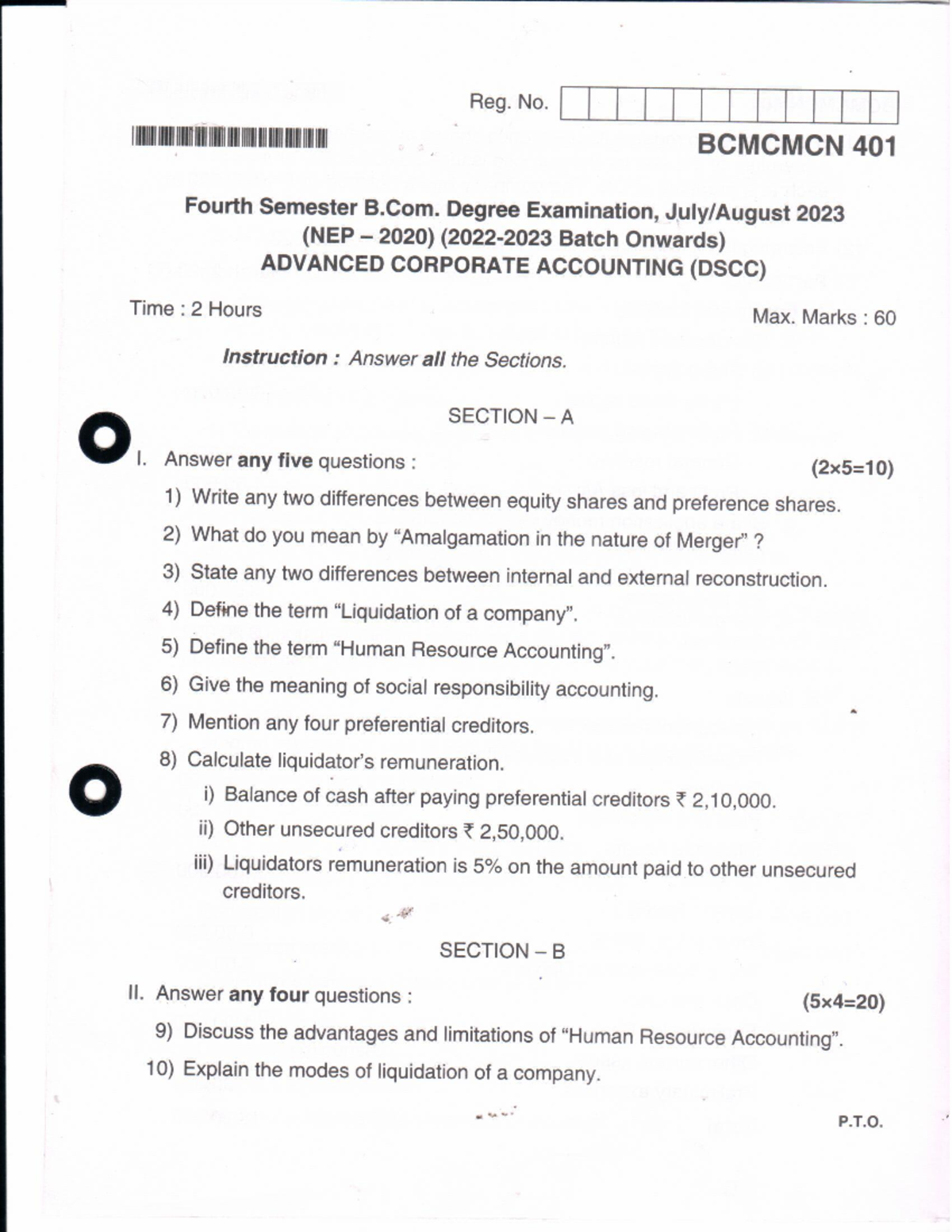 BCOM IV Sem ADV Corporate Accounting Exam Paper NEP July 2023 - Studocu