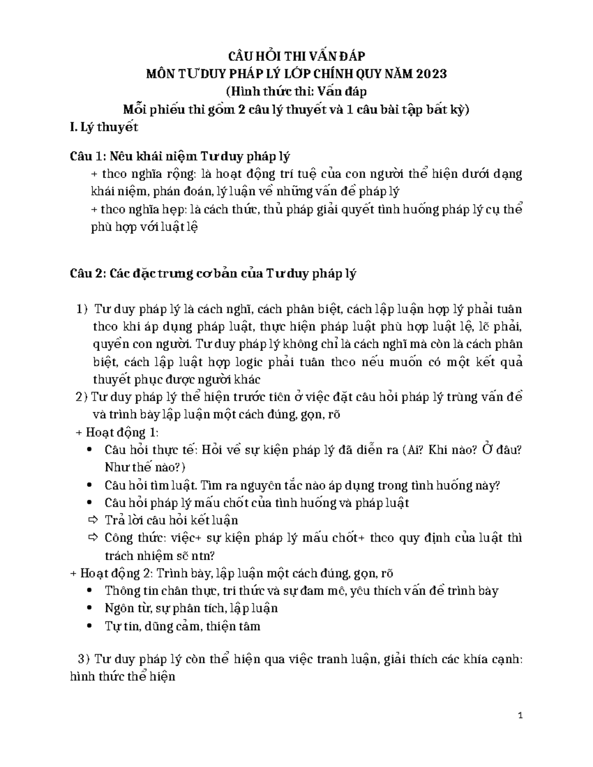 Tu duy phap ly Thi van dap 2023 - CÂU H ỎI THI V ẤN ĐÁP MÔN T Ư DUY ...