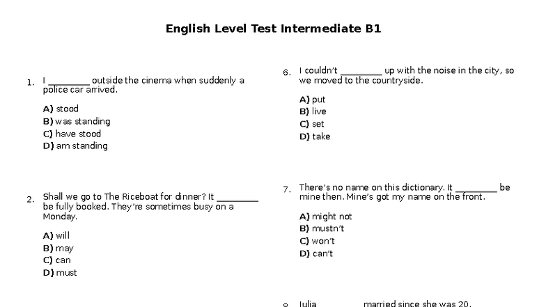 English Level Test B1 Intermediate - Practice Questions & Answers - Studocu