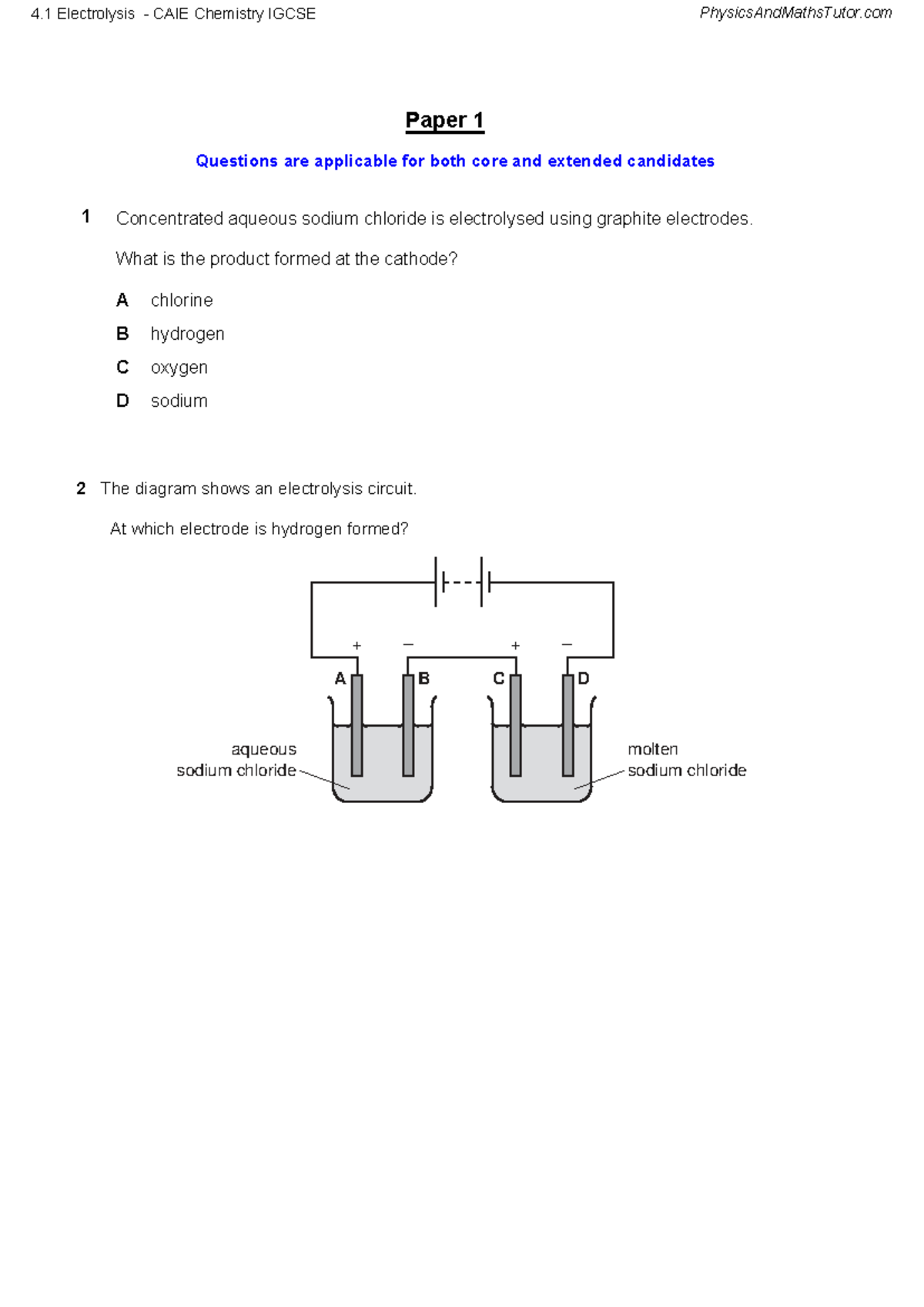 Electrolysis MCQ Practice Resource for CAIE Chemistry IGCSE 4.1 - Studocu