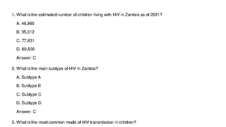 HIV in Children: 50 MCQs - Study Questions & Answers - Studocu