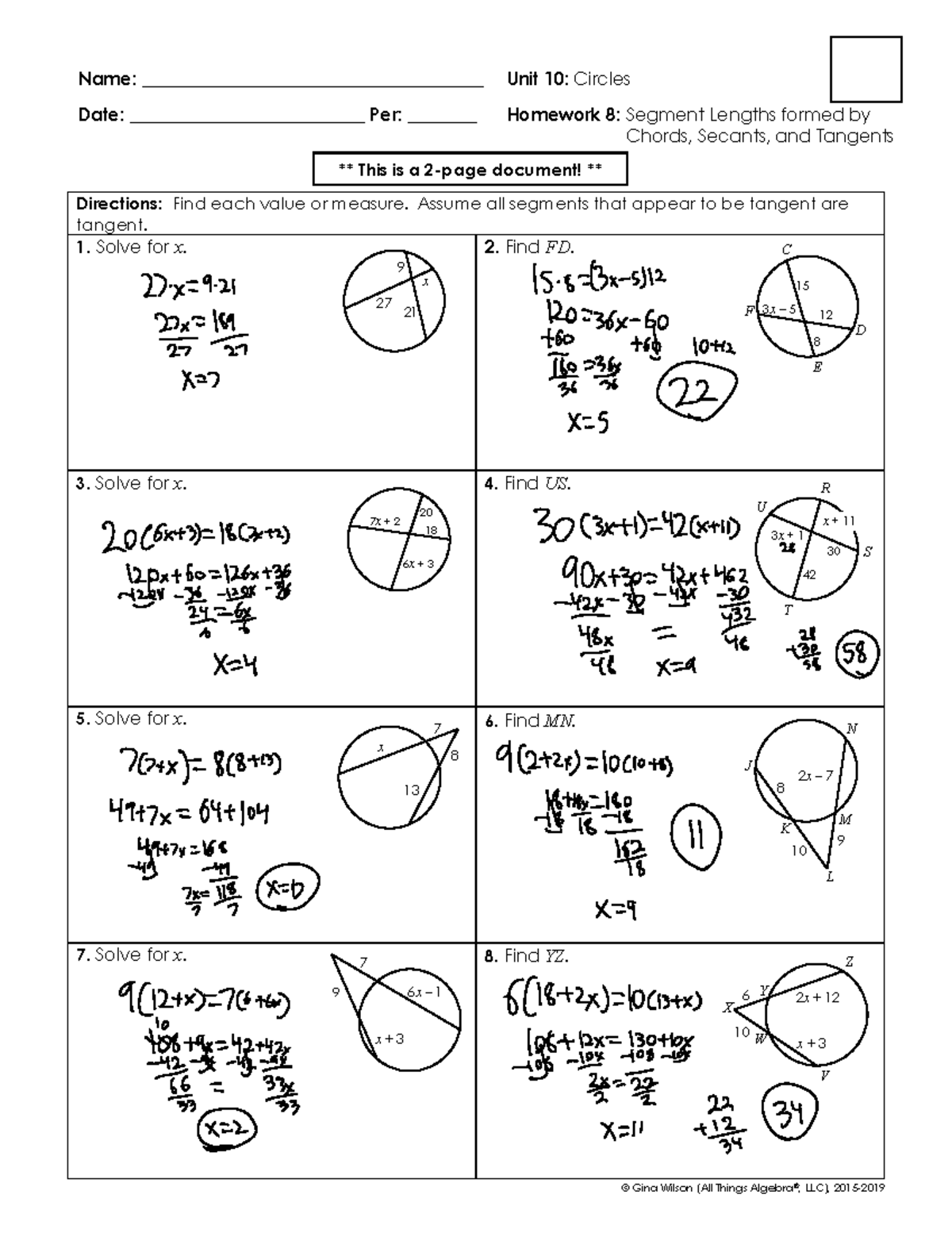 Unit 10: Circles - Homework 8 on Segment Lengths and Chords - Studocu