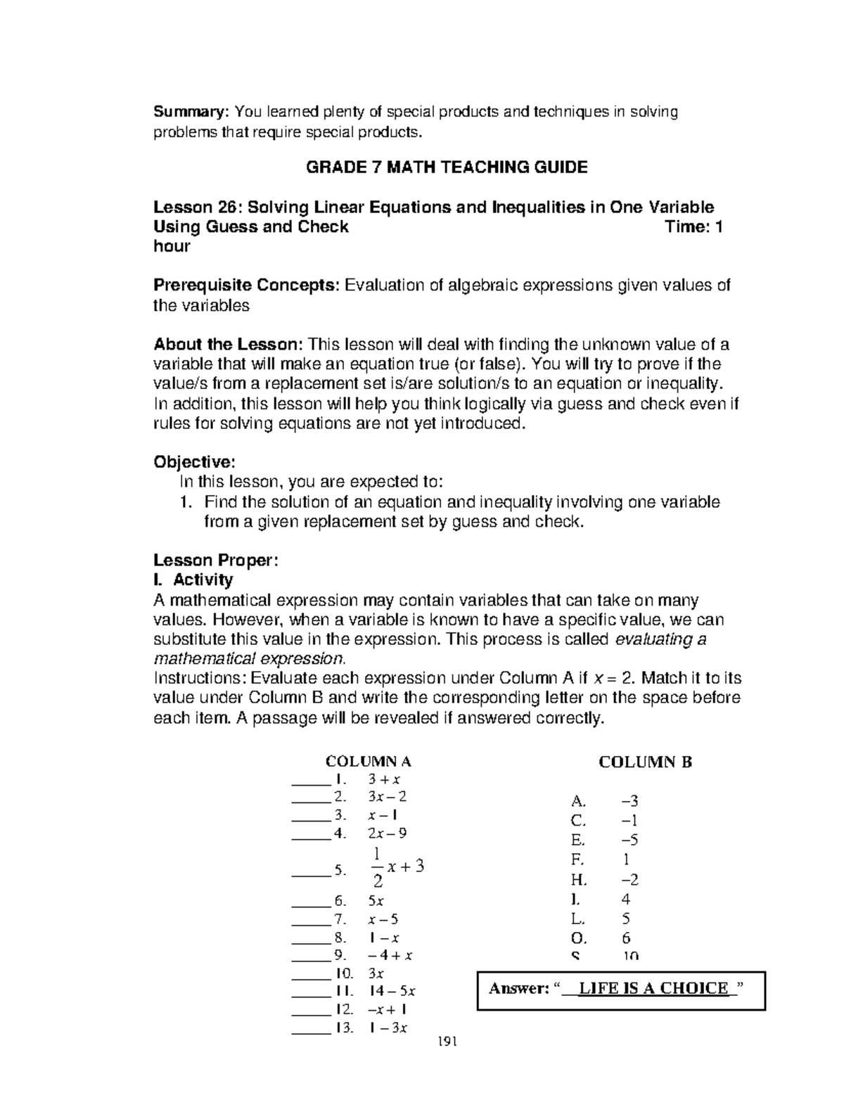Grade 7 Math Teaching Guide: Lesson 26 - Solving Linear Equations and ...