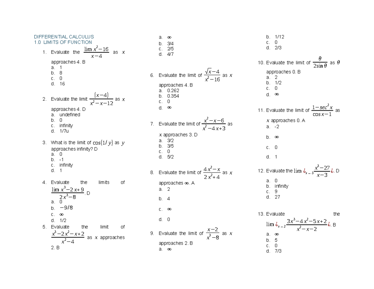 Differential Calculus 1.0: Limits and Derivatives Practice Questions ...