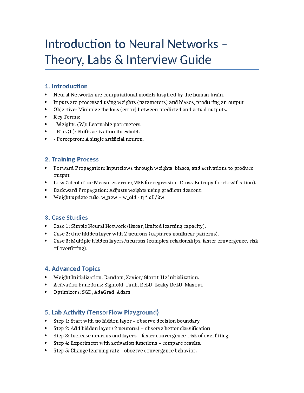 Introduction to Neural Networks Theory & Labs Guide (CS101) - Studocu