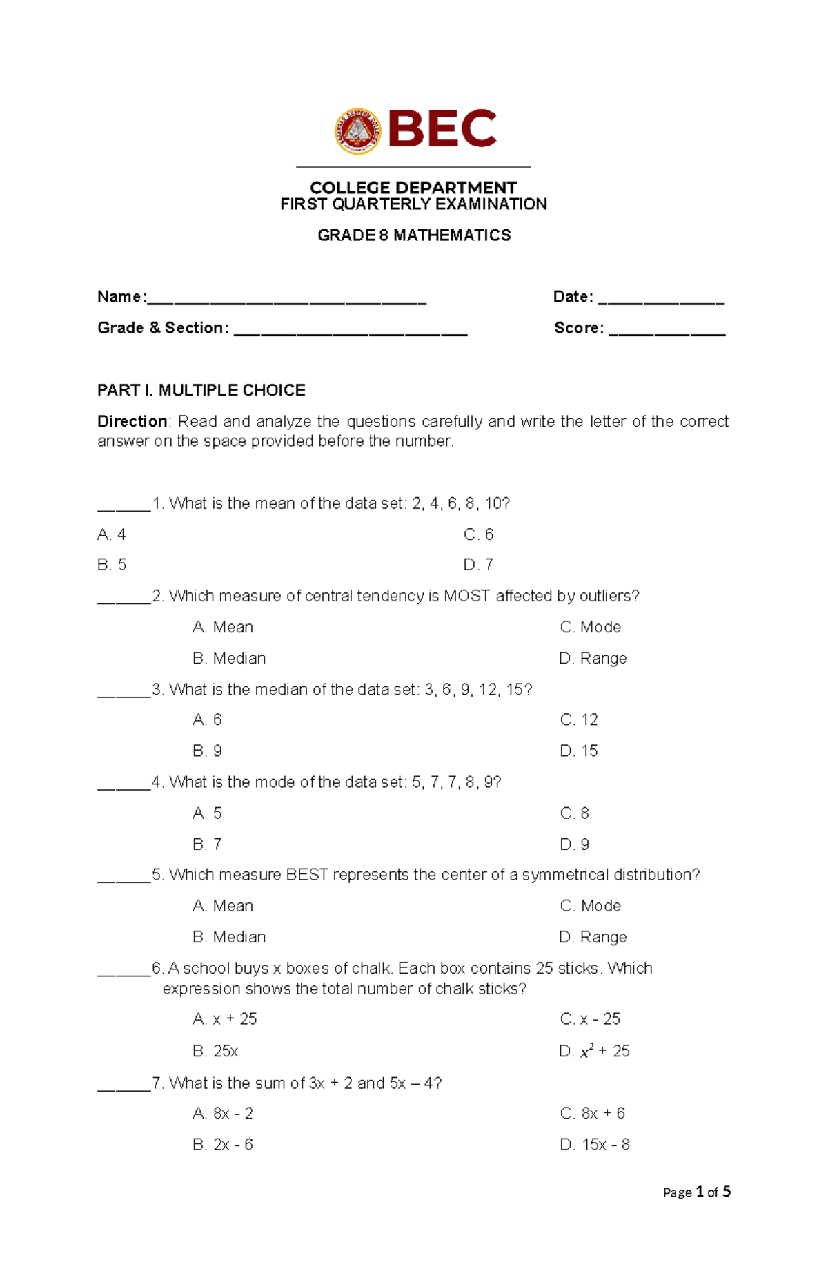 TOS EXAM JO - Grade 8 Math 1st Quarter Examination - Studocu