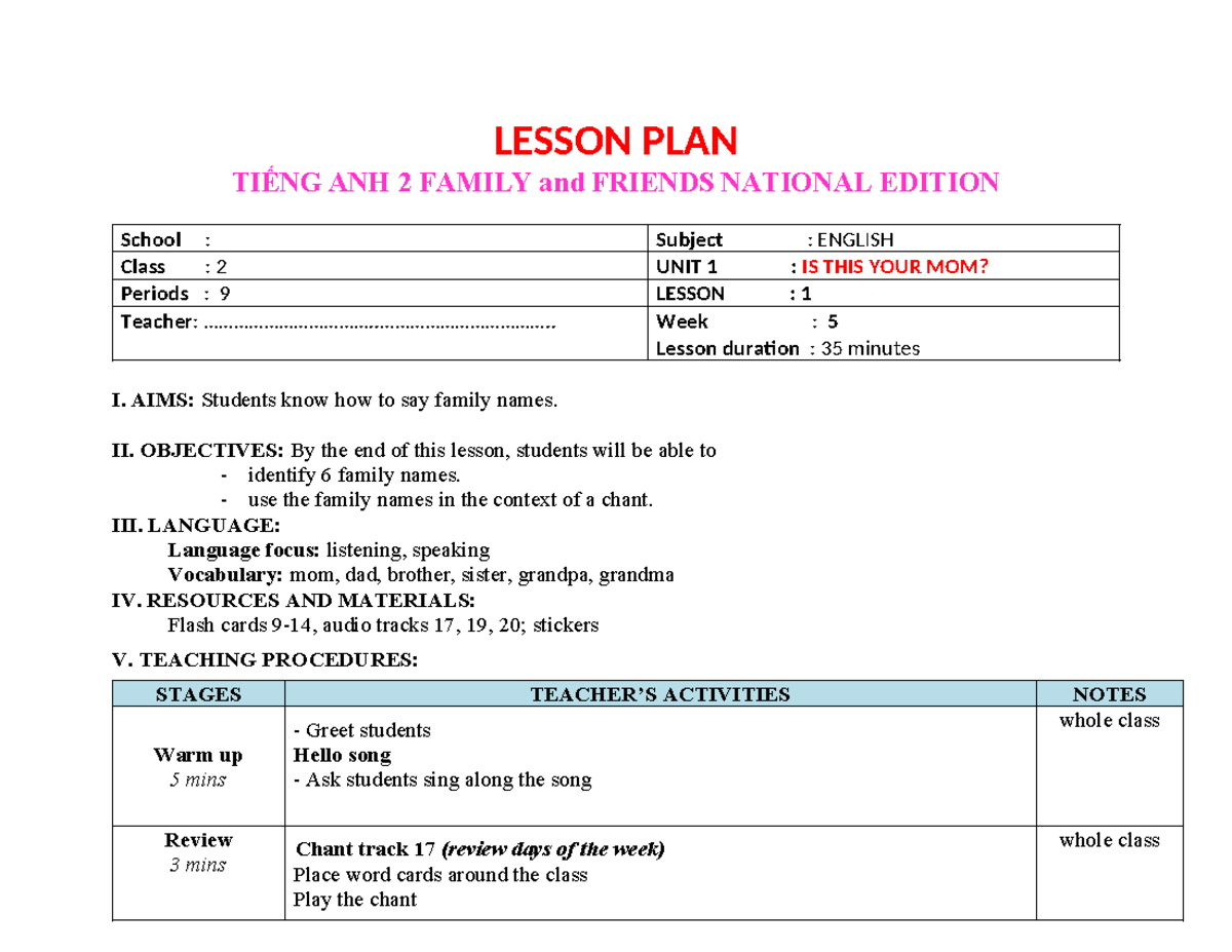 LESSON PLAN TIẾNG ANH 2: FAMILY AND FRIENDS - UNIT 1 Overview - Studocu