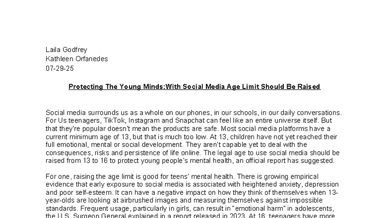 SOC 101: Argumentative Essay Draft on Raising Social Media Age Limit ...