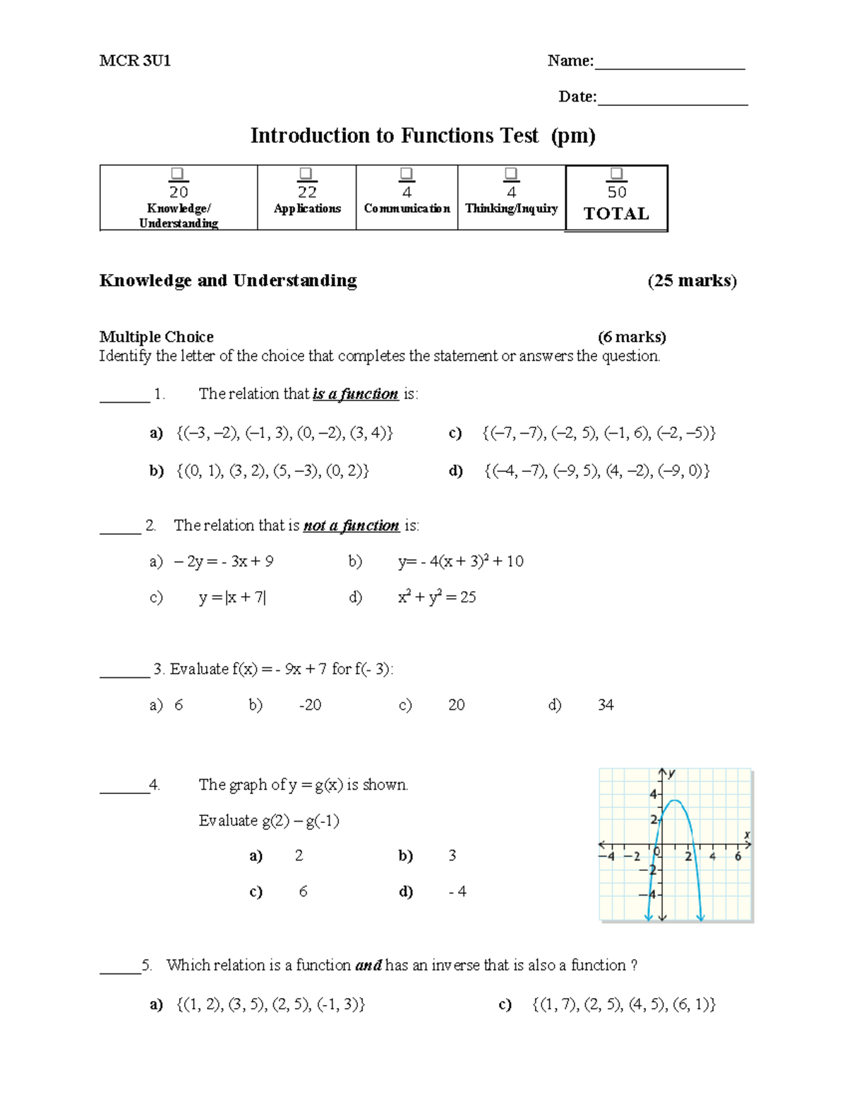Unit 1 Test(pm) - Feb 2024 - MCR 3U1 Name:__________________ Date ...