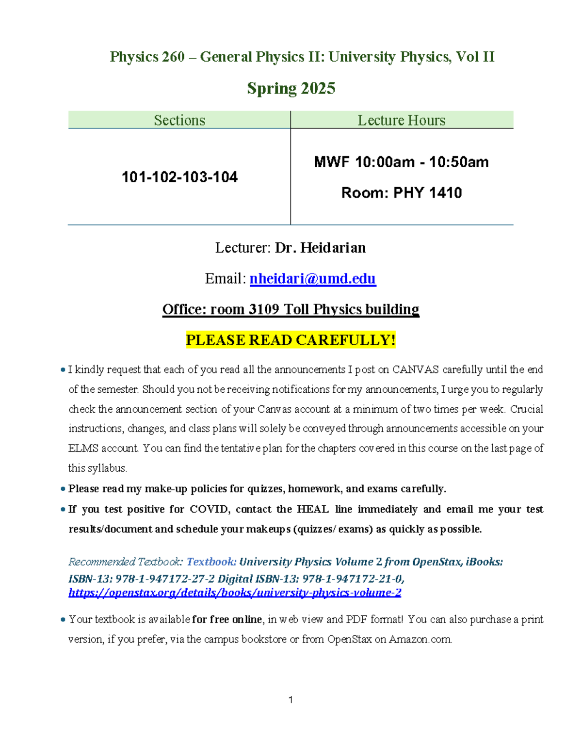 Physics 260 Syllabus: General Physics II Spring 2025 Lecture Details - Studocu