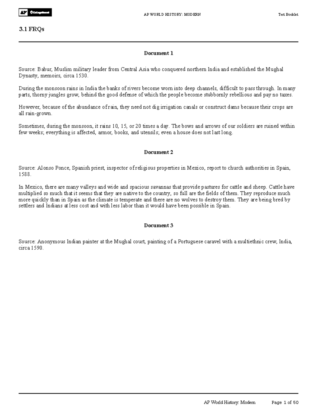 AP WORLD HISTORY: MODERN Test Booklet 3.1 FRQs Analysis and Insights ...