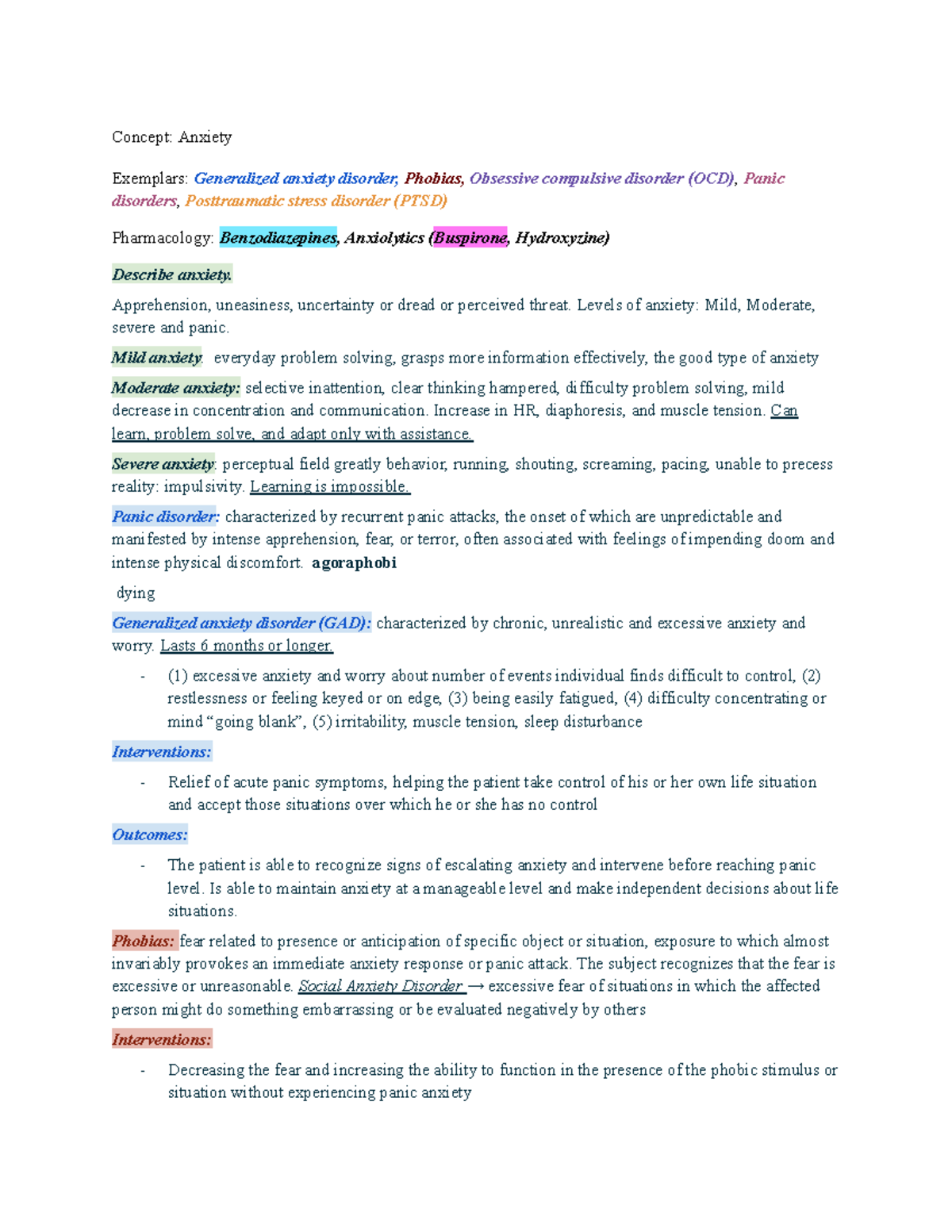 211 Test 1 Study Guide: Anxiety and Mood Disorders Overview - Studocu