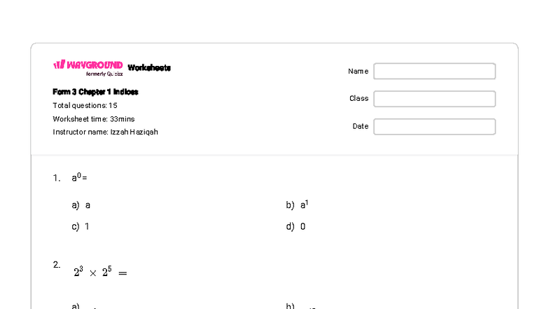 Form 3 Math Worksheet: Chapter 1 Indices - Studocu